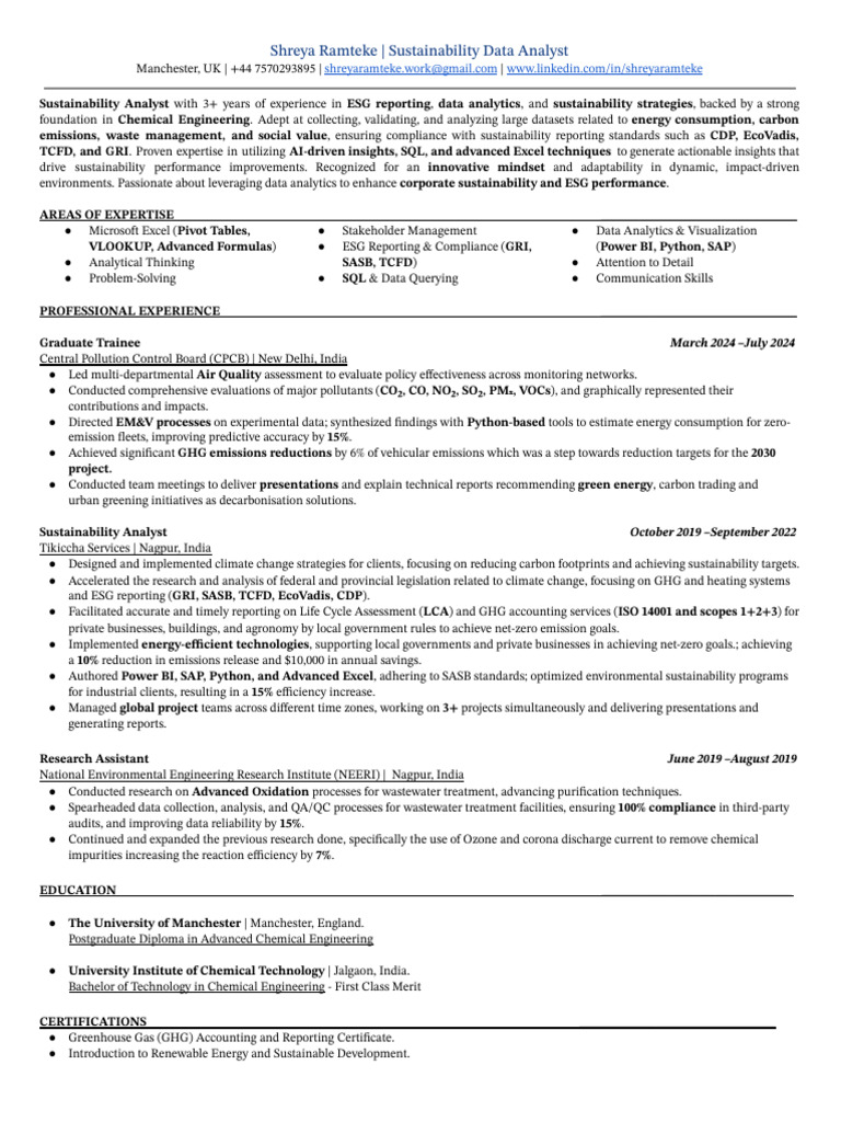 Sustainability Data Analyst Profile | PDF | Data Analysis | Sustainability