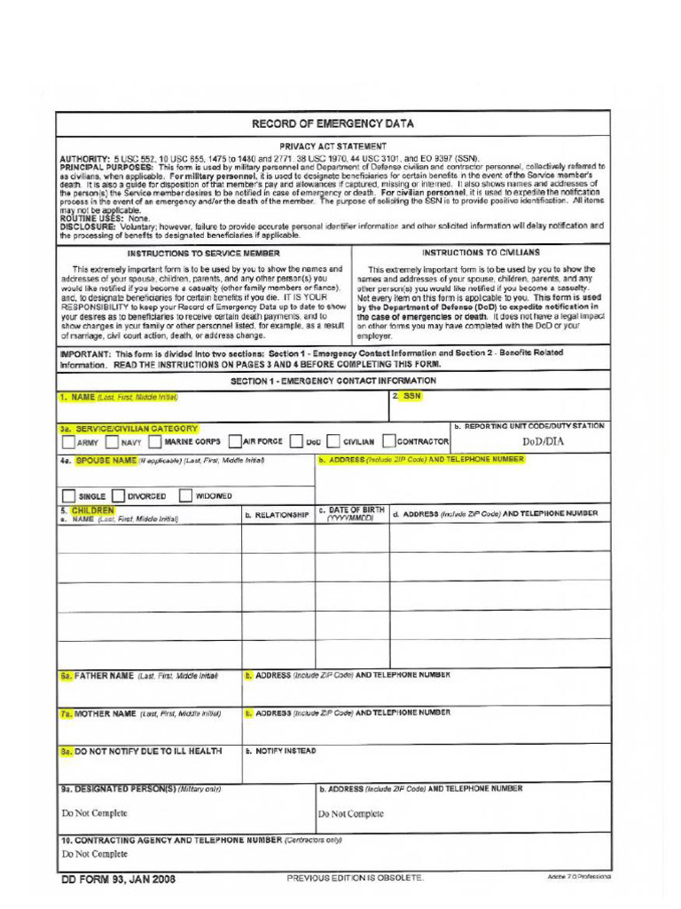 Record of Emergency Data DD Form 93 | PDF