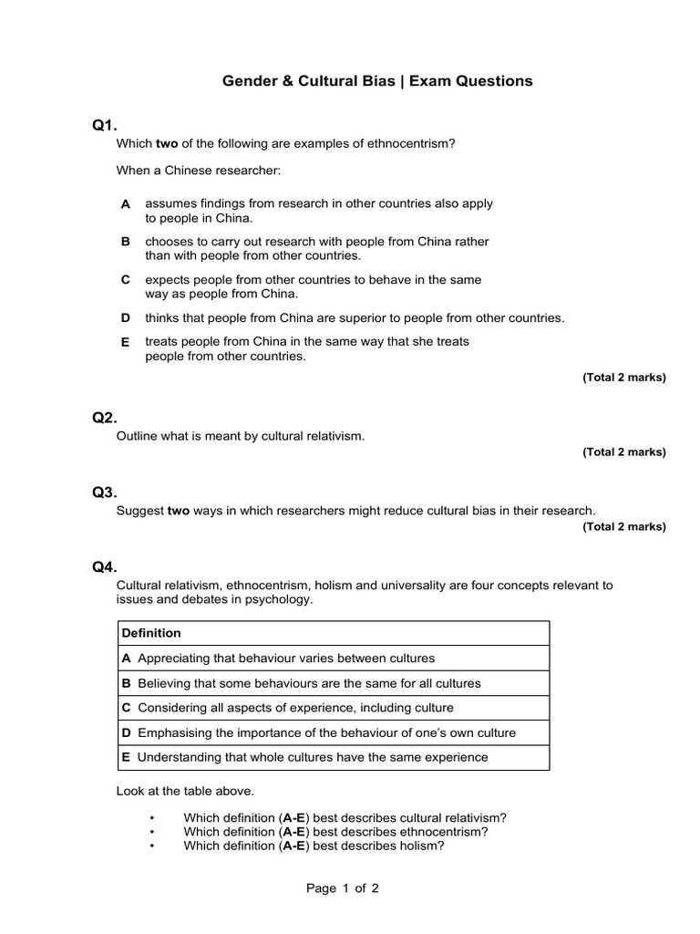 Cultural Bias in Psychology Exam Questions | PDF | Cognition | Social ...