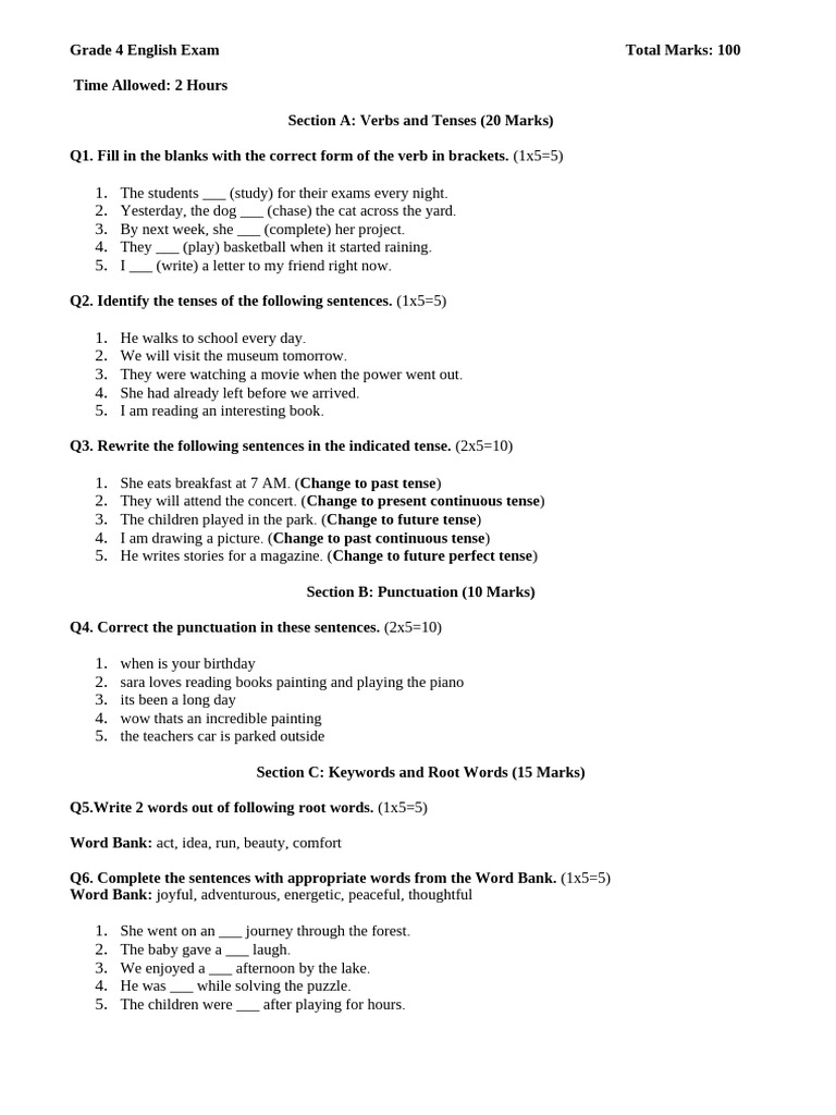 Grade 4 English Test | PDF | Grammatical Tense | Adverb