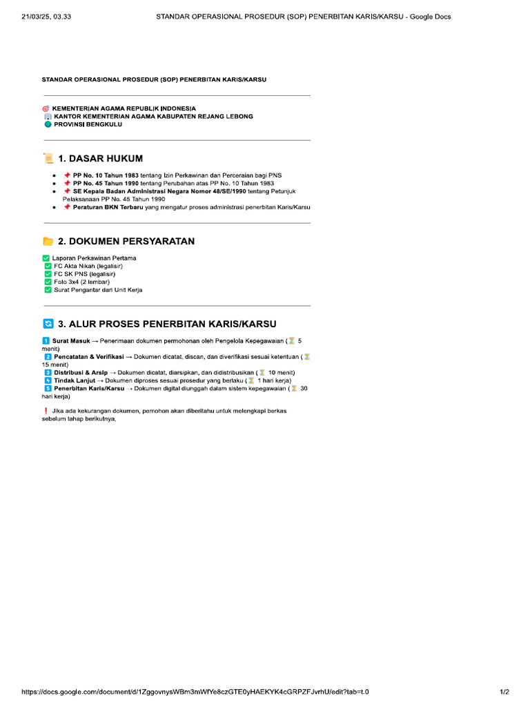 Standar Operasional Prosedur (Sop) Penerbitan Karis - Karsu | PDF