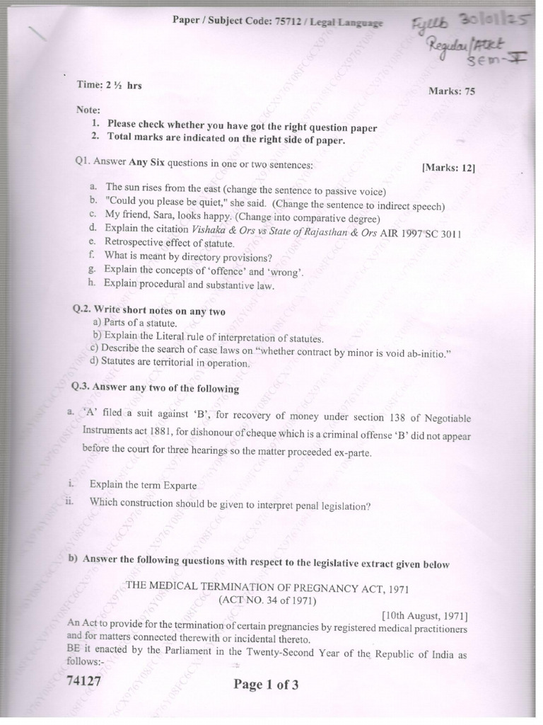 Fyllb Legal Language Regular Atkt Sem-I Marks 75 | PDF