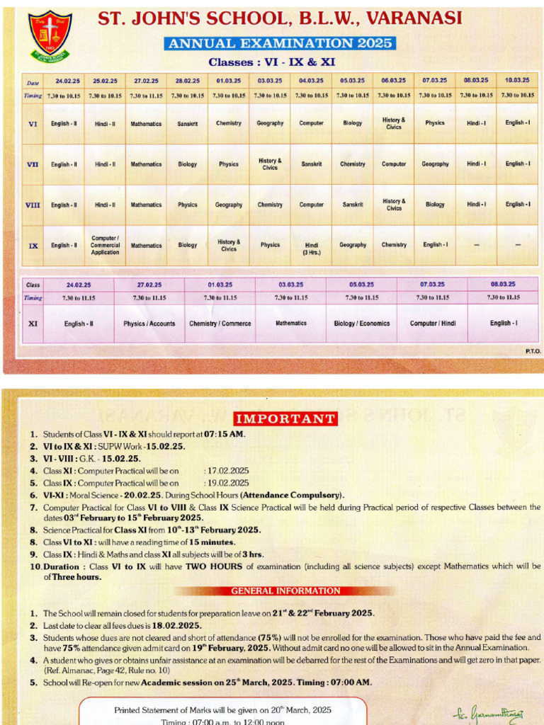 Vi To Ix Xi Annual Examination Time Table-2025 | PDF