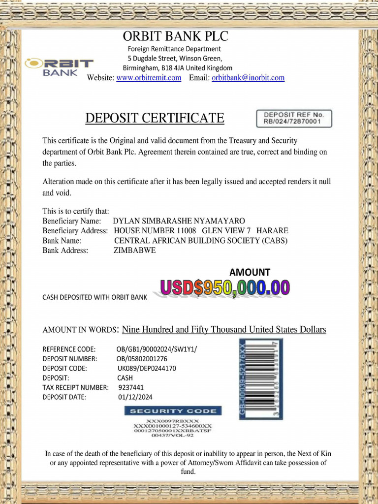 Deposit Cert. Orbit Bank | PDF