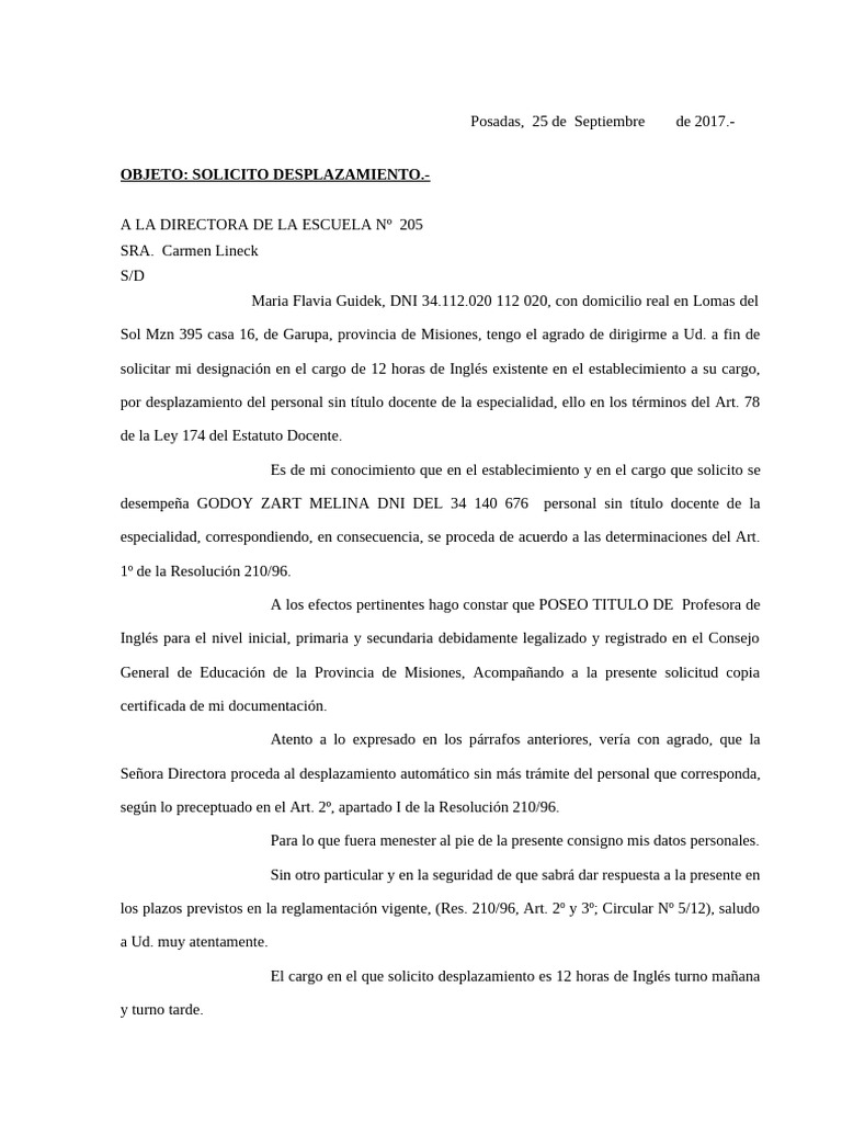 MODELO SOLICITO DESPLAZAMIENTO | PDF