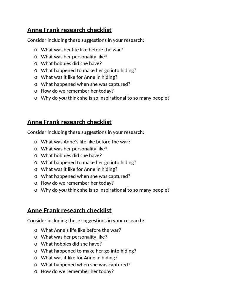 Anne Frank Checklist | PDF