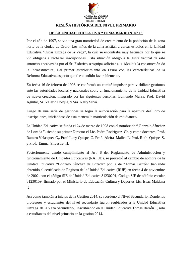 Reseña Histórica de Tomas Barrón 1 Oruro | PDF