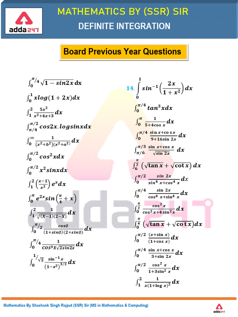 Definite Integration PYQs by SSR | PDF | Mathematics