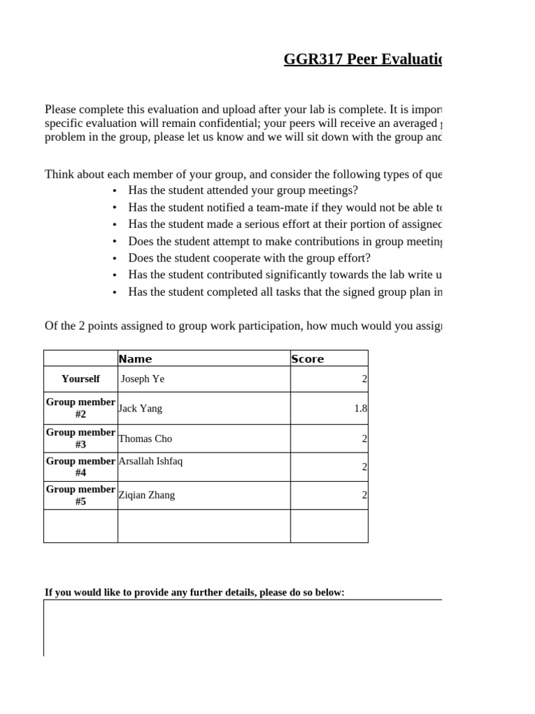 GGR317 A2 Peer Evaluation Form Joseph Ye Group3 | PDF