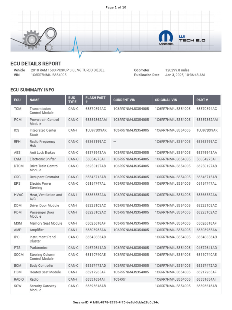 1C6RR7NM4JS354005 ECU Details Report | PDF | Software | Car