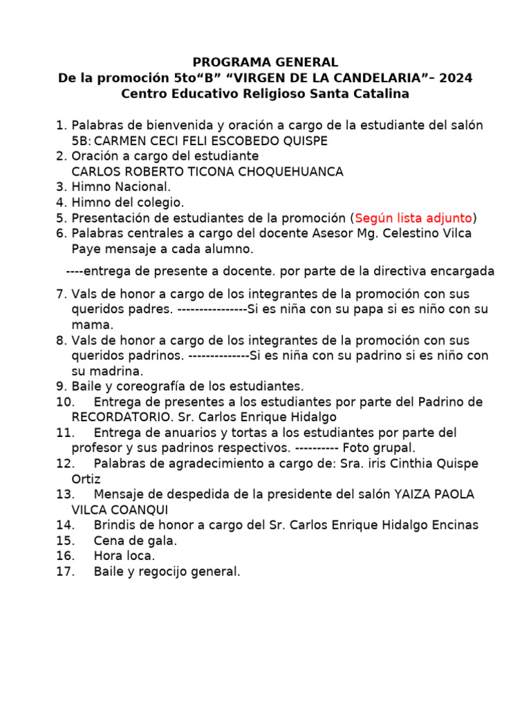 Programa 5to B Virgen de La Candelaria | PDF