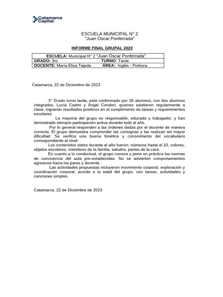 INFORME FINAL GRUPAL 2023 - Inglés | PDF | Salón de clases | Comportamiento