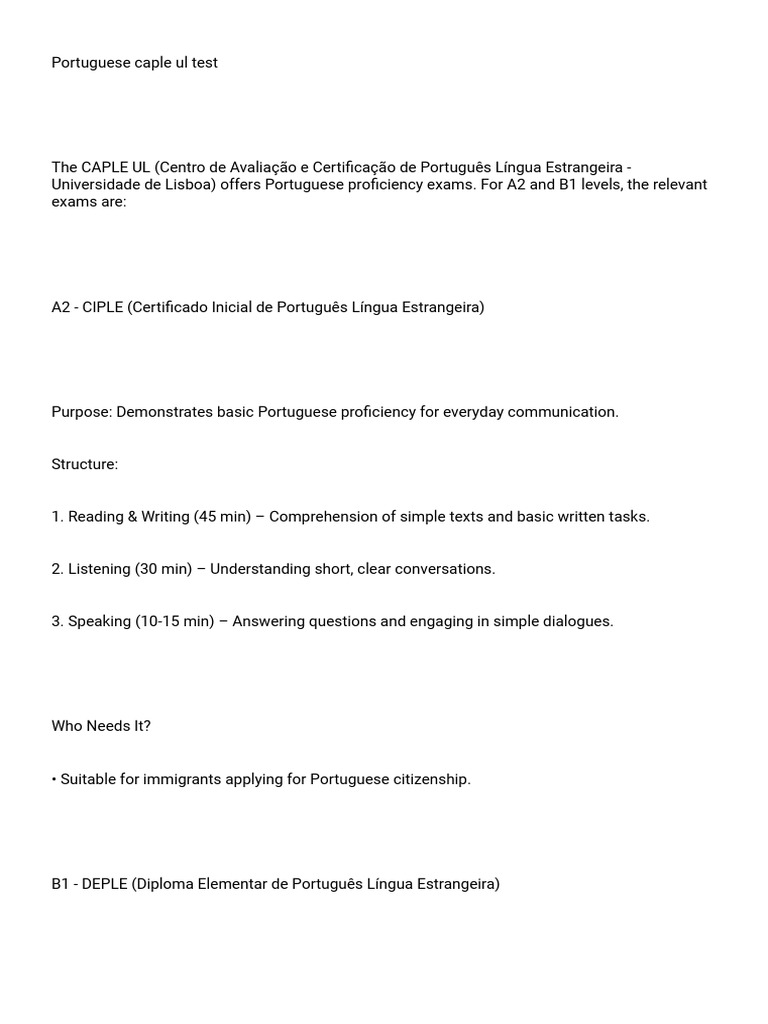 A2 B1 Portuguese Caple Ul Test | PDF | Grammatical Gender | Syntactic ...
