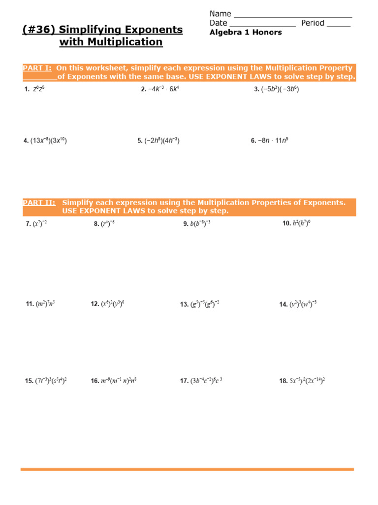 8th Grade Exponent Rules Worksheet | PDF