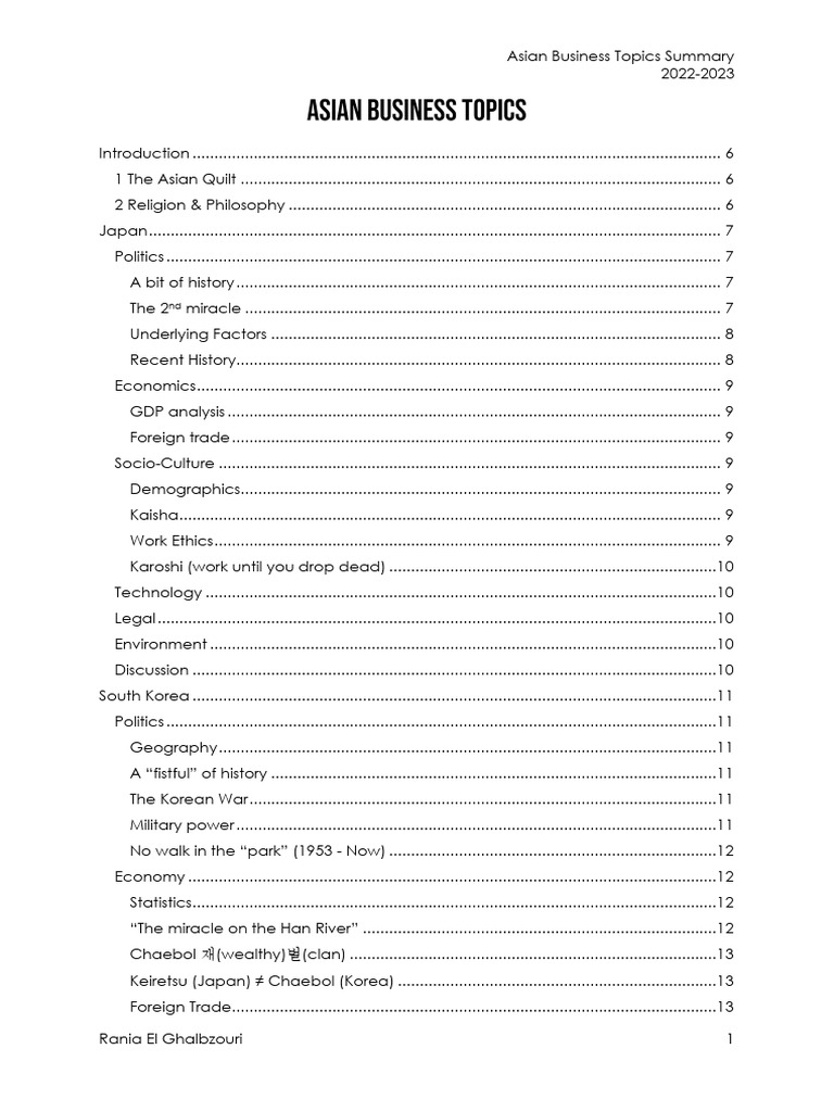 Asian Business Topics Summary | PDF | South Korea | World Politics
