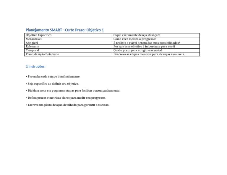 Planejamento de Objetivos SMART | PDF