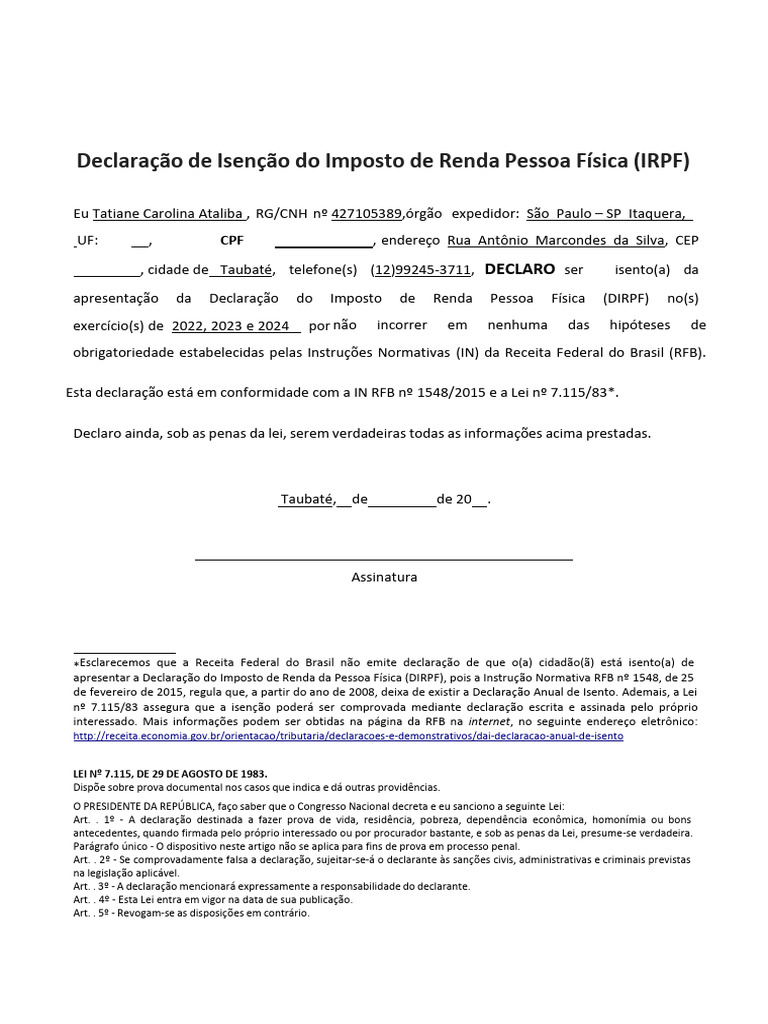 Declaração de Isento de Imposto de Renda para Assinar | PDF | Imposto ...