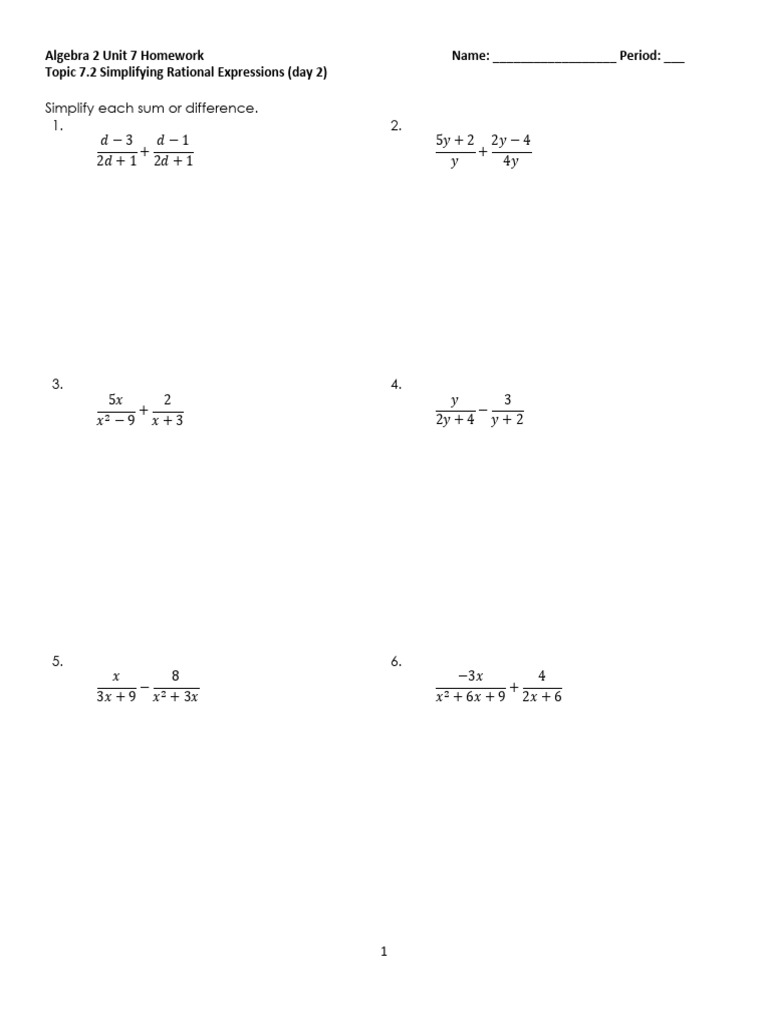 3b+ +7.2+HW+ +Adding+and+Subtracting+Rational+Expressions | PDF
