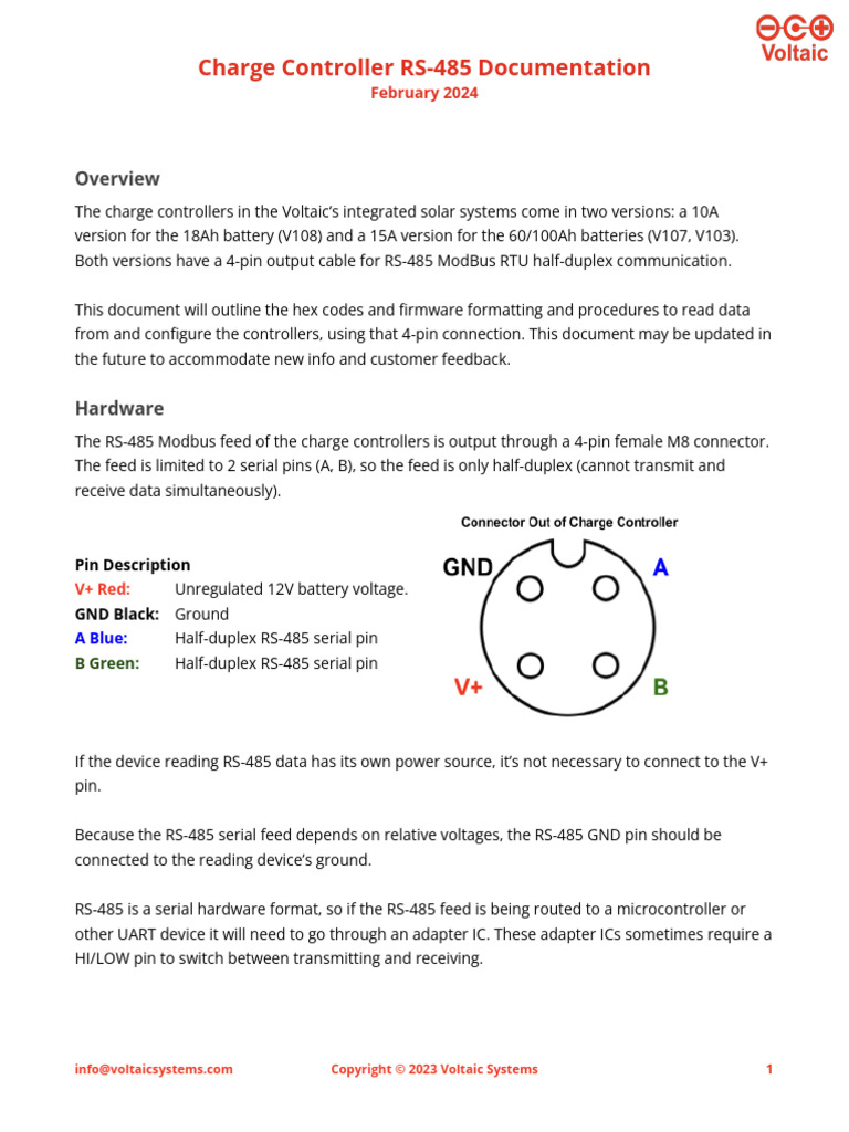 Voltaic - Charge Controller RS-485 Documentation | PDF | Data Transmission | Computer Engineering