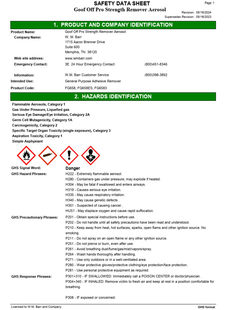 Goof Off Pro Strength Remover MSDS | PDF | Solvent | Personal ...