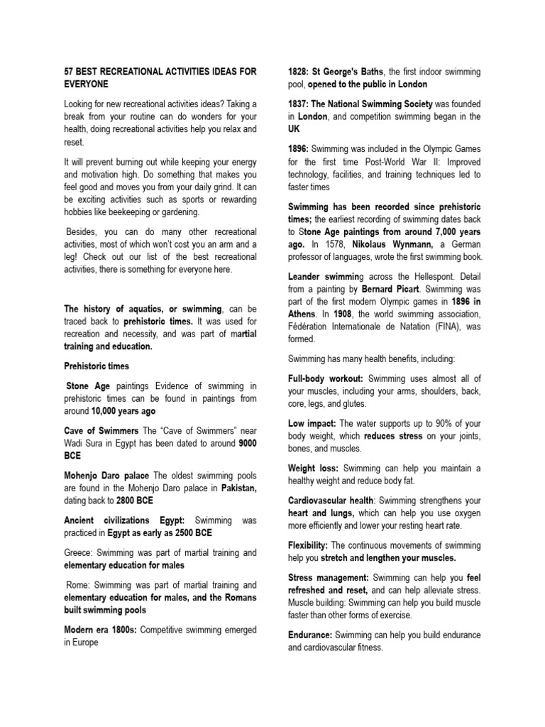 57 Best Recreational Activities Ideas For Everyone | PDF | Swimming ...