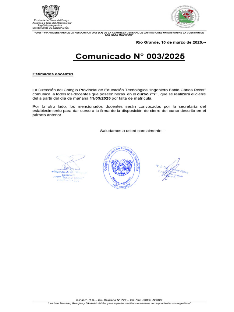 Comunicado Nº 003-25 Cierre de curso 7º7º | PDF