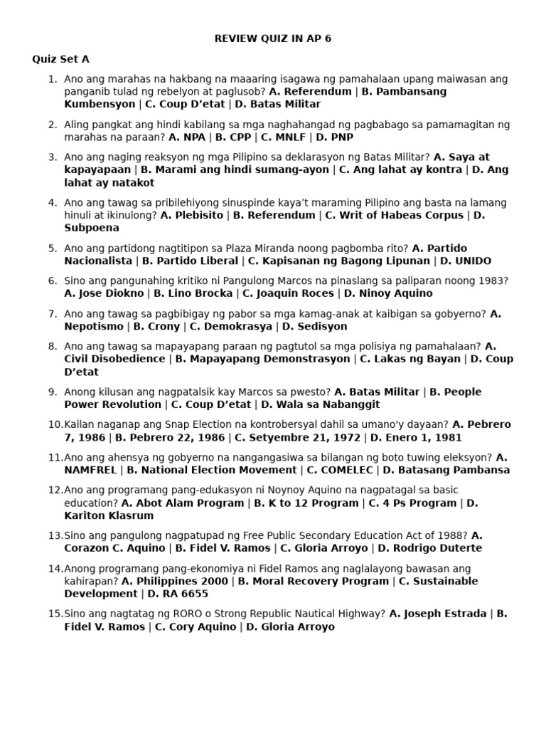 Review Quiz in Ap 6 | PDF