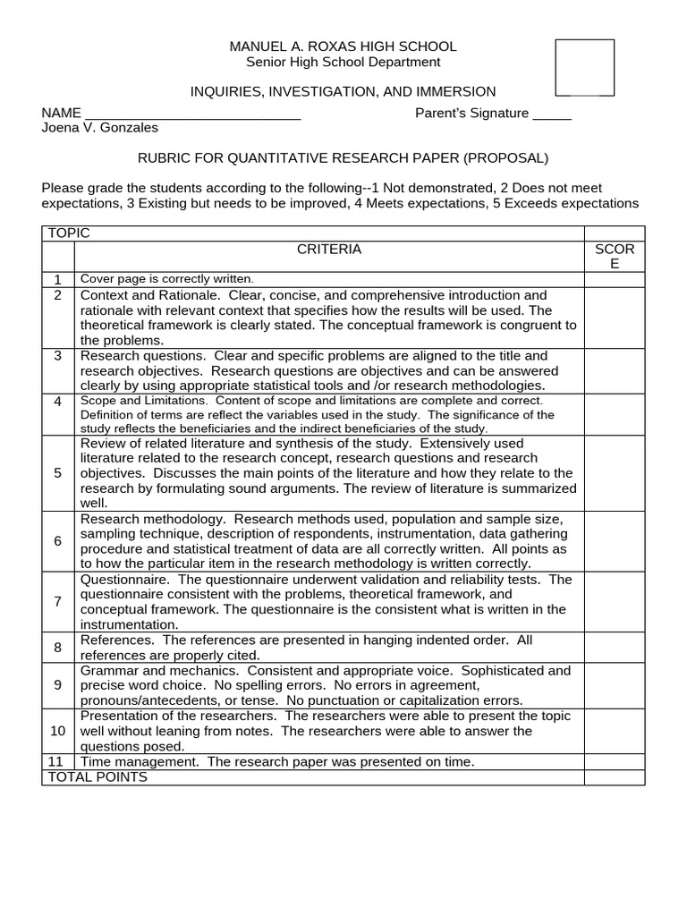 Rubric For Research Paper Quantitative Proposal | PDF | Methodology | Questionnaire