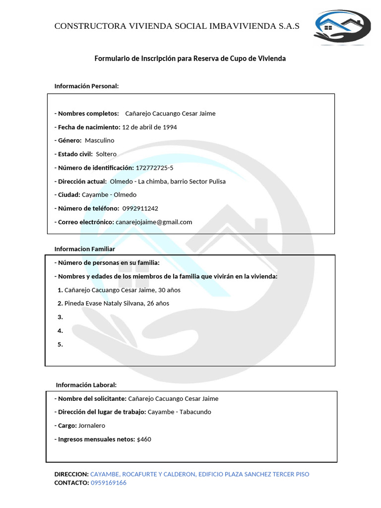 FORMULARIO DE INSCRIPCION Cañarejo Cacuango Cesar Jaime | PDF