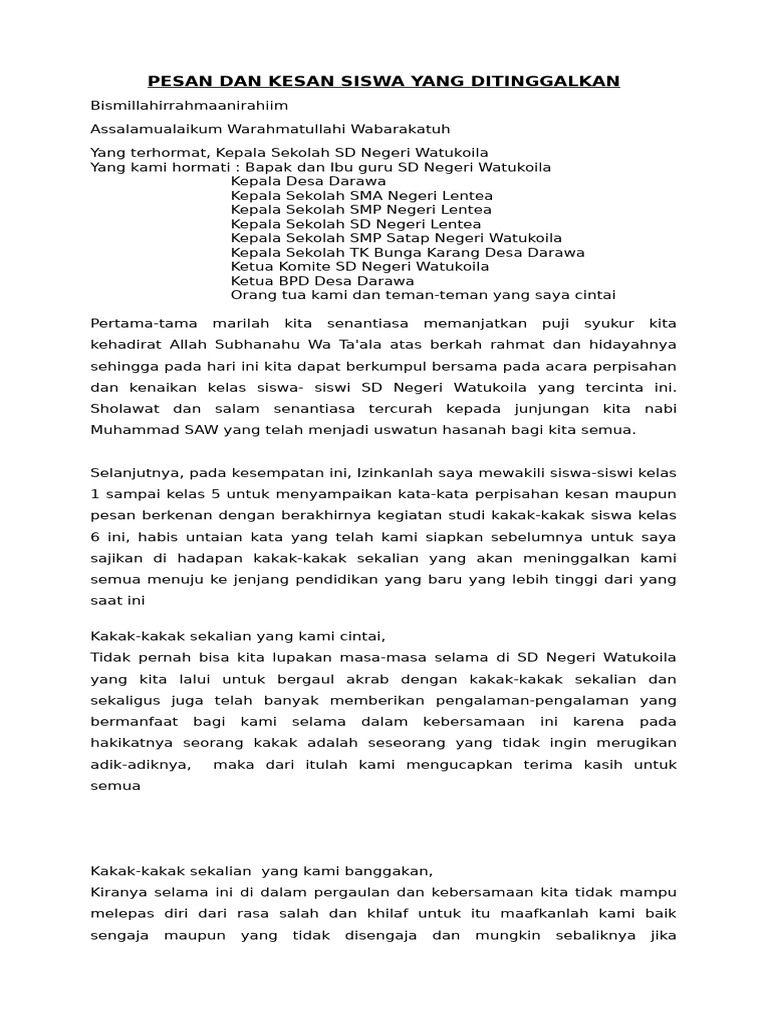Pesan Dan Kesan Perpisahan SDN Watukoila | PDF