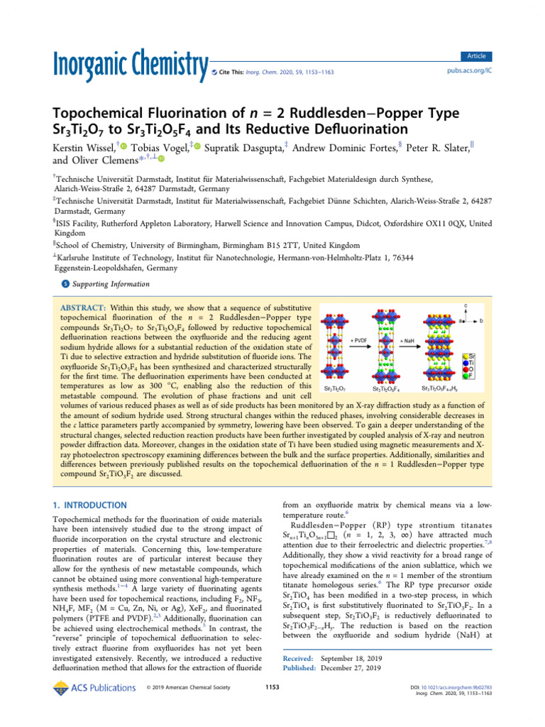 Wissel Et Al 2019 Topochemical Fluorination of N 2 Ruddlesden Popper ...