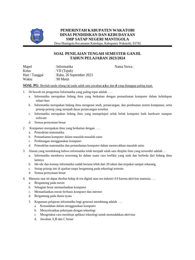 Soal Ulangan Informatika Kelas 7 | PDF