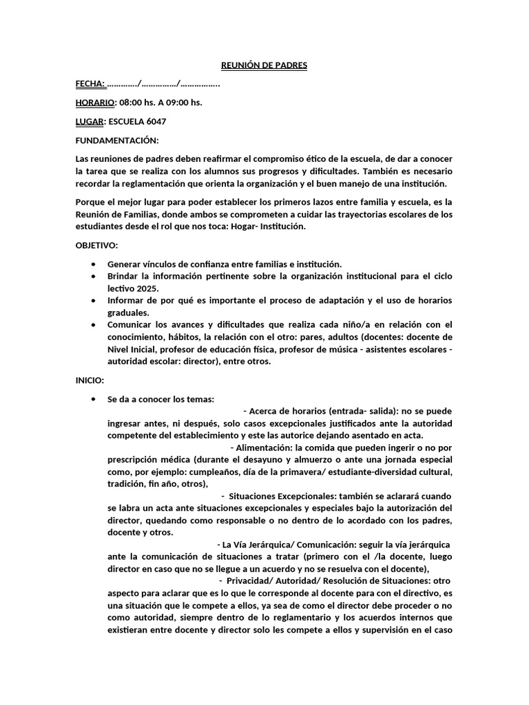 REUNIÓN DE PADRES Escuela #6047 Nivel Inicial | PDF | Educación de la ...