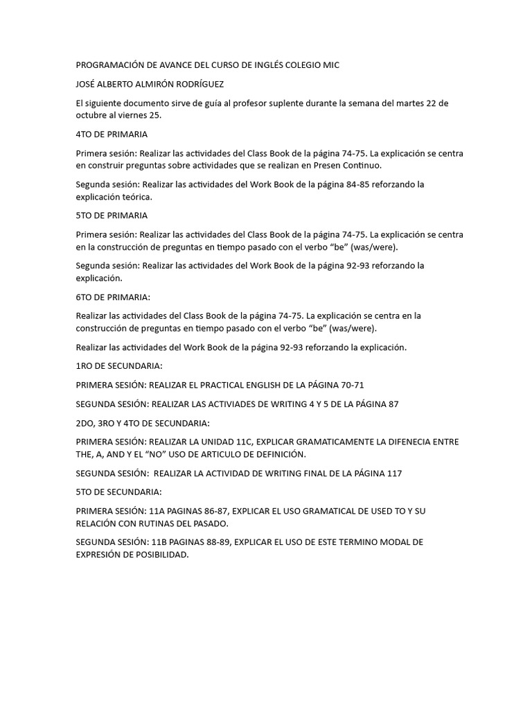 Programación de Avance Del Curso de Inglés Colegio Mic | PDF