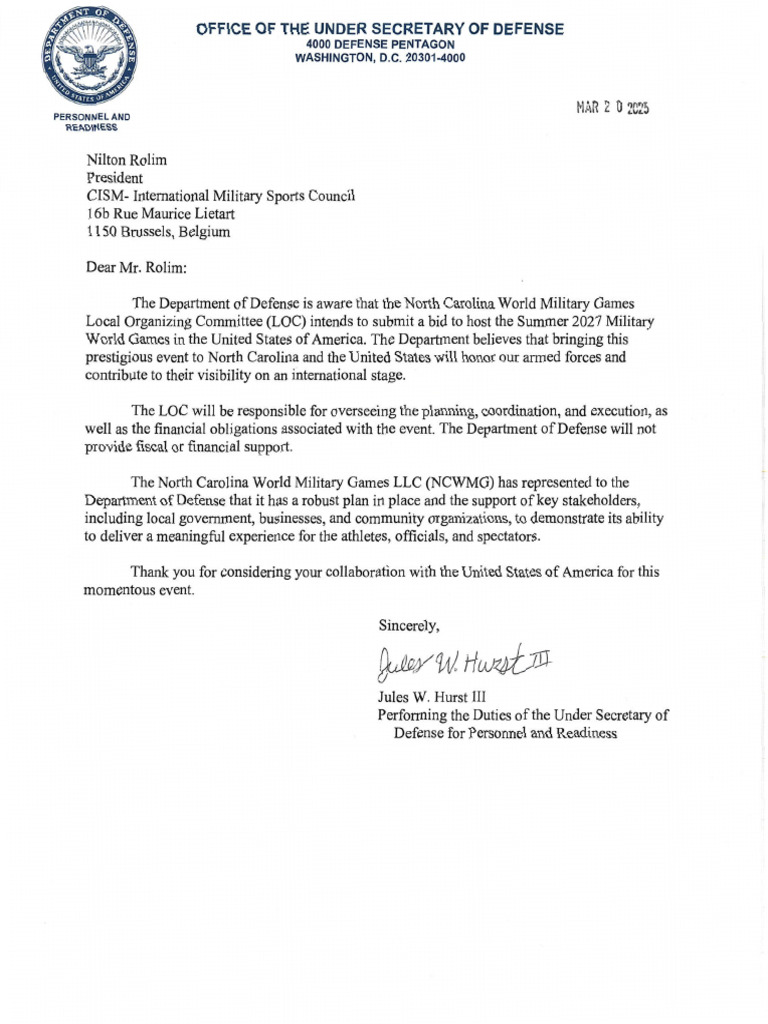 World Military Games Letter | PDF