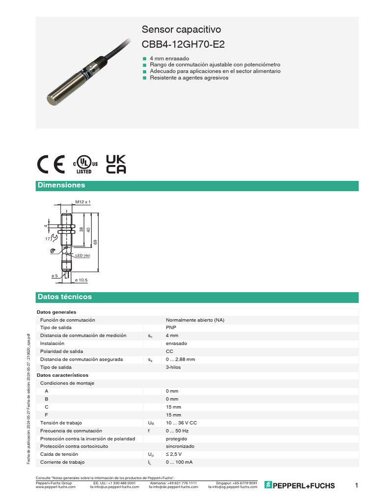 Sensor Capacitivo CBB4-12GH70-E2: Dimensiones | PDF