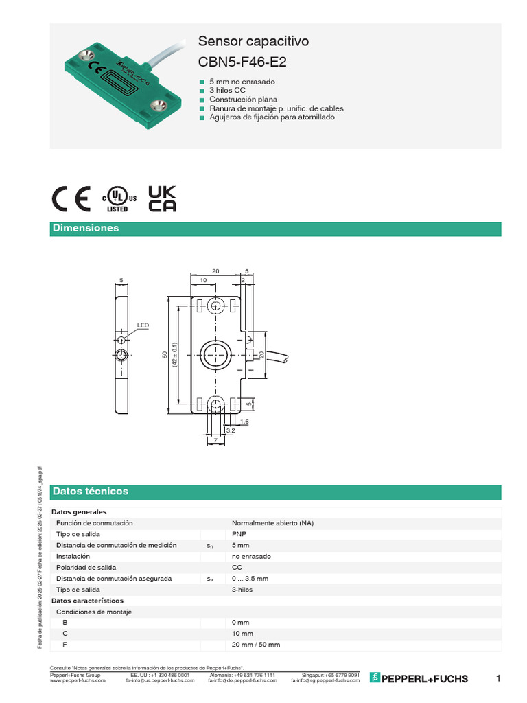Sensor Capacitivo CBN5-F46-E2: Dimensiones | PDF
