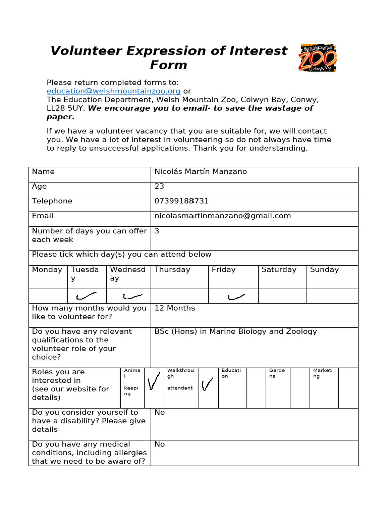 Volunteer Expression of Interest Form - Nicolas Martin Manzano | PDF | Zoo