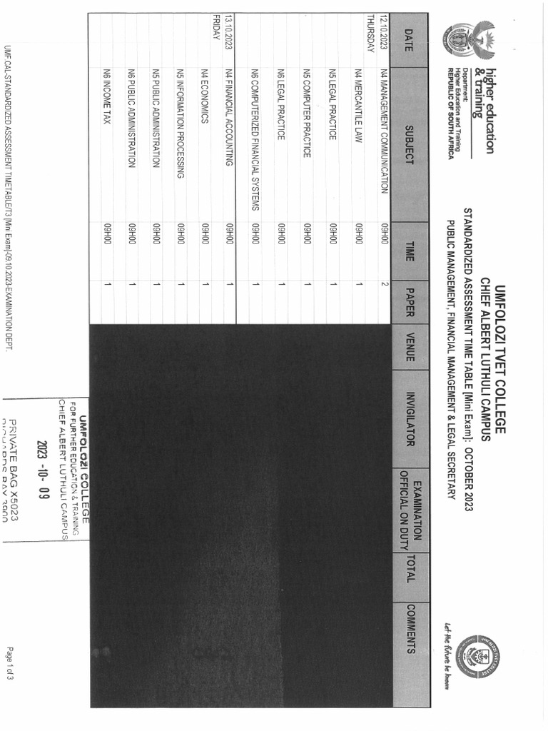 Mini Exam Timetable | PDF