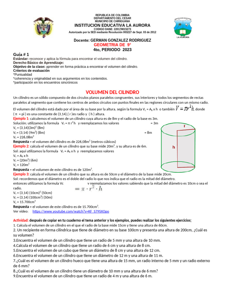 Problemas de Volumen del Cilindro | PDF | Volumen | Geometría euclidiana