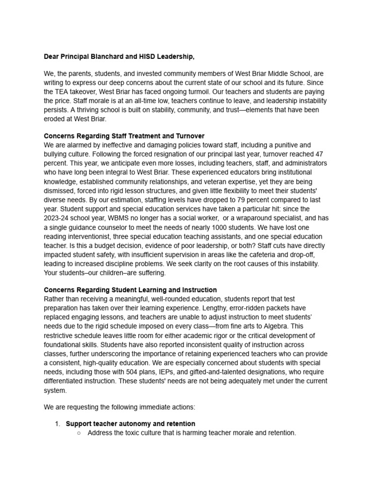 Community Letter To Restore Stability To West Briar Middle School | PDF ...