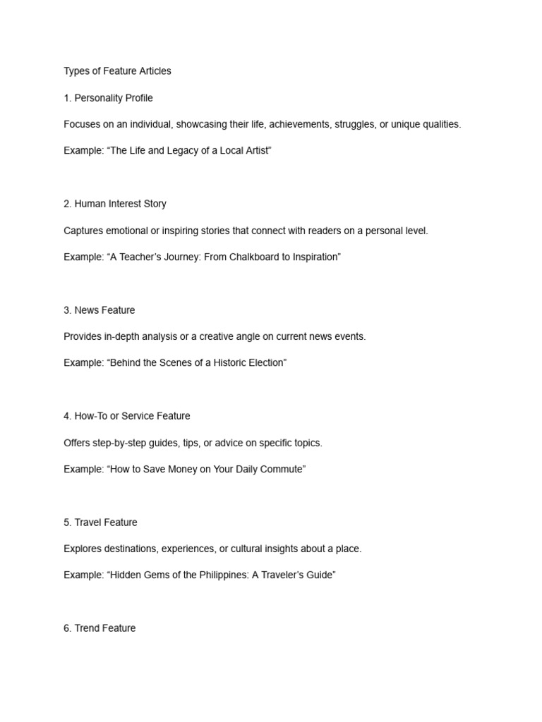 Types of Feature Articles Explained | PDF