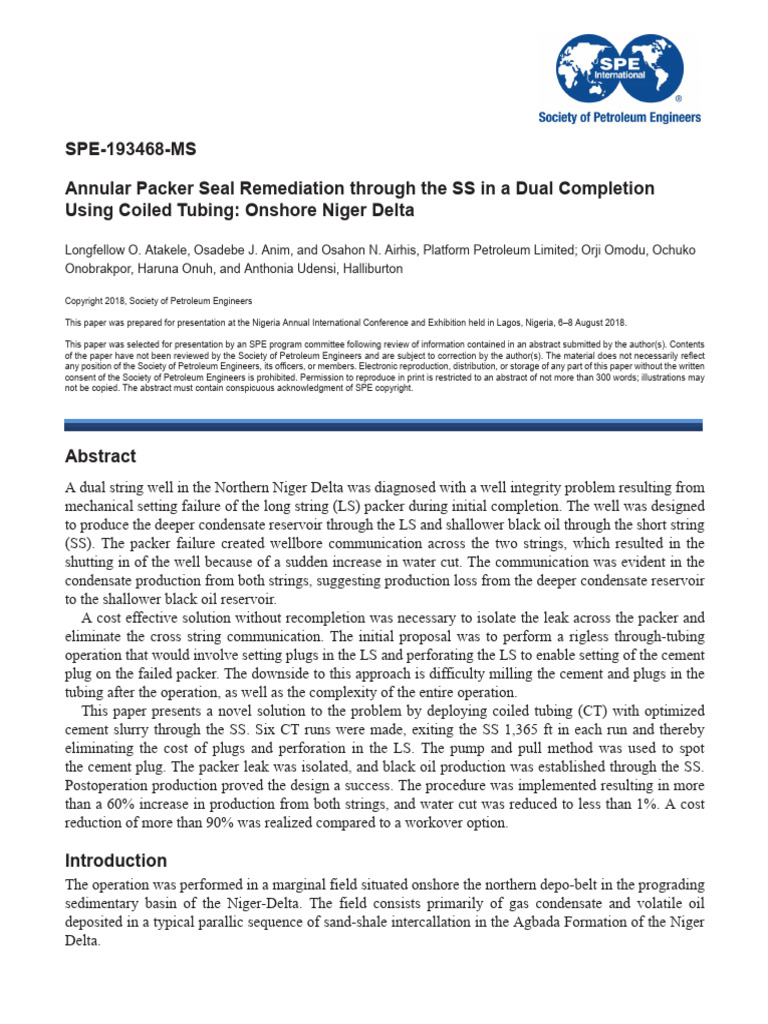Annular Packer Seal Remediation Through The SS in A Dual Completion ...