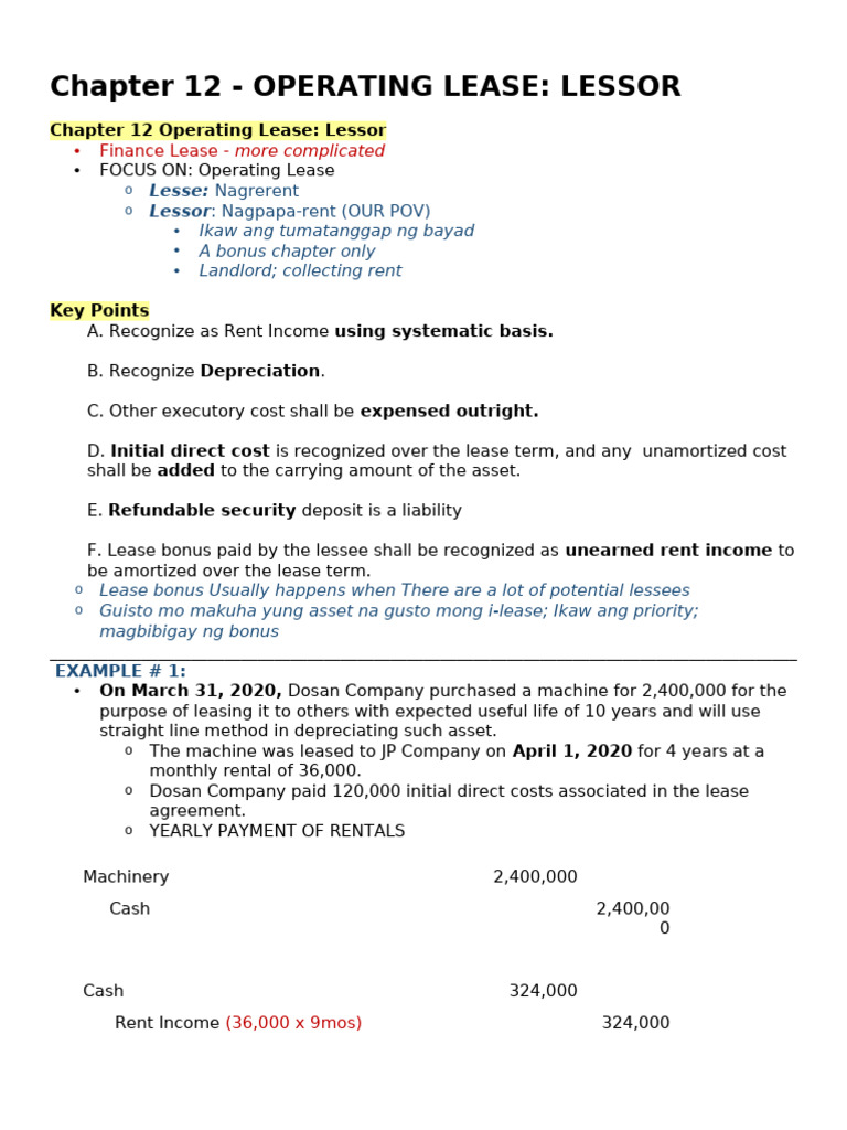 Chapter 12 - OPERATING LEASE - LESSOR | PDF | Lease | Renting