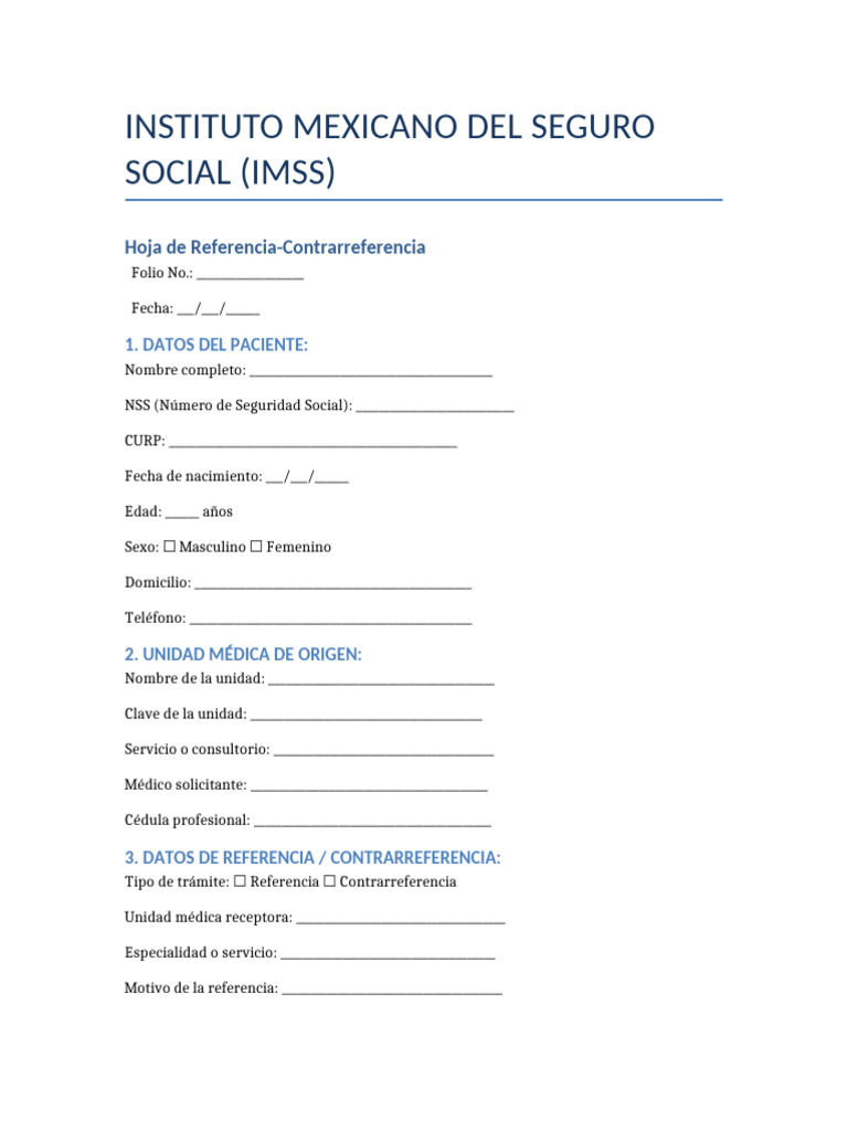 Hoja Referencia Contrarreferencia IMSS | PDF