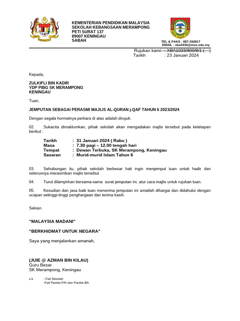 Surat Jemputan Perasmi YDP PIBG | PDF