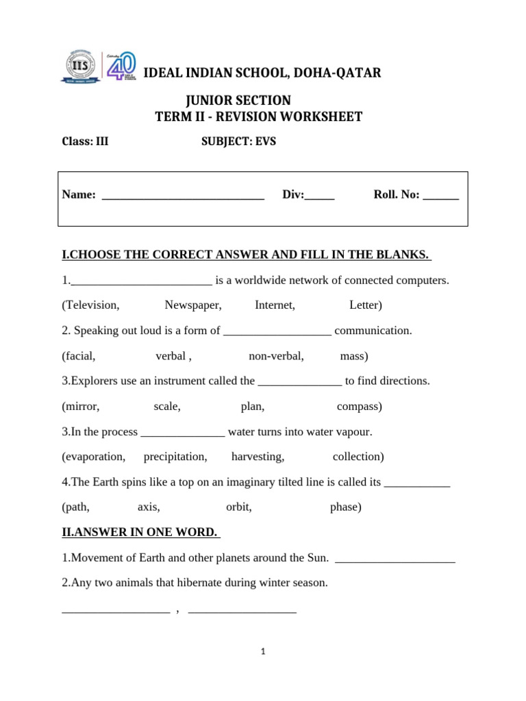 CLASS 3 EVS TERM 2 REVISION WORKSHEET | PDF | Earth | Telephone