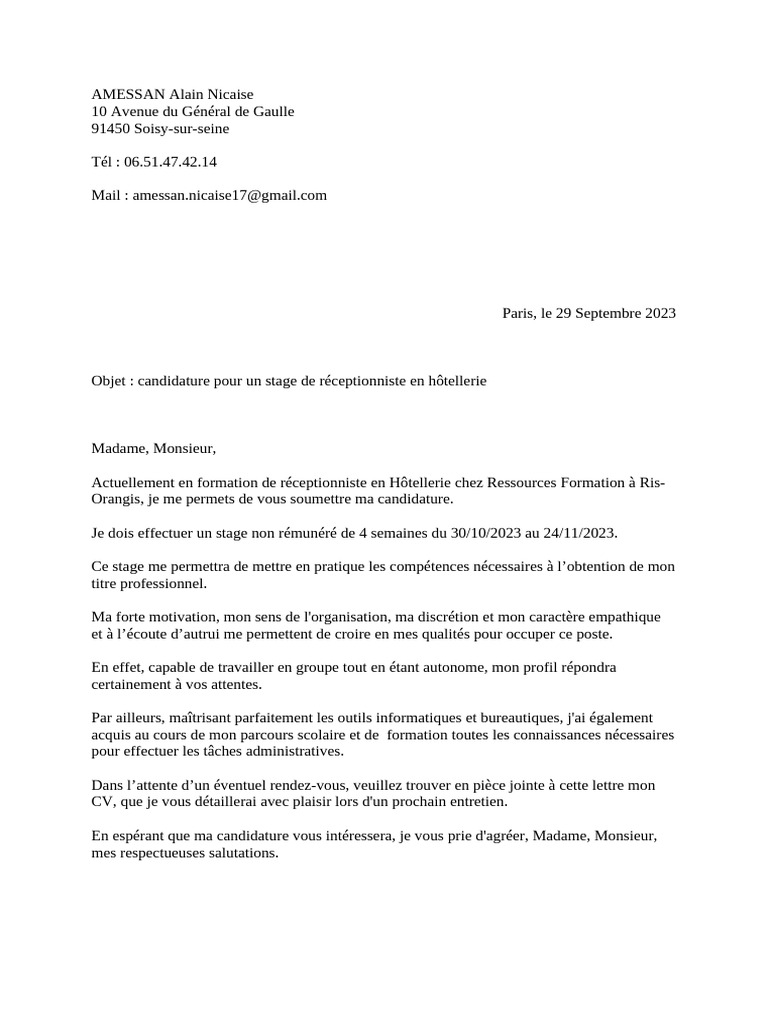 Candidature Stage Réceptionniste Hôtellerie | PDF