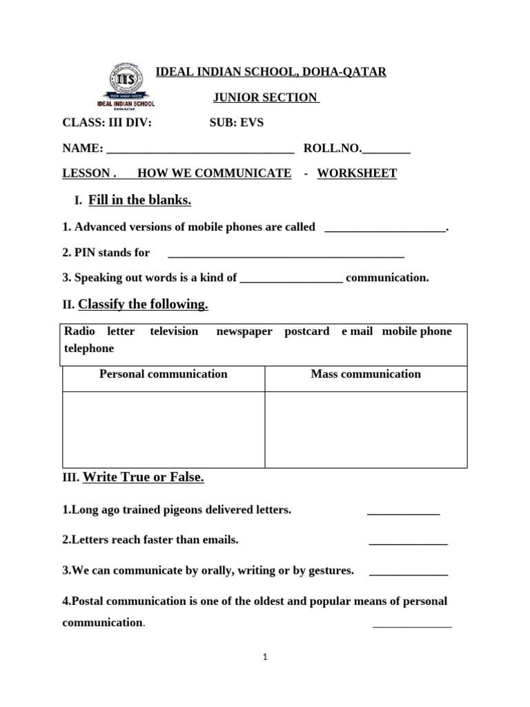 Class 3 Communication Worksheet | PDF