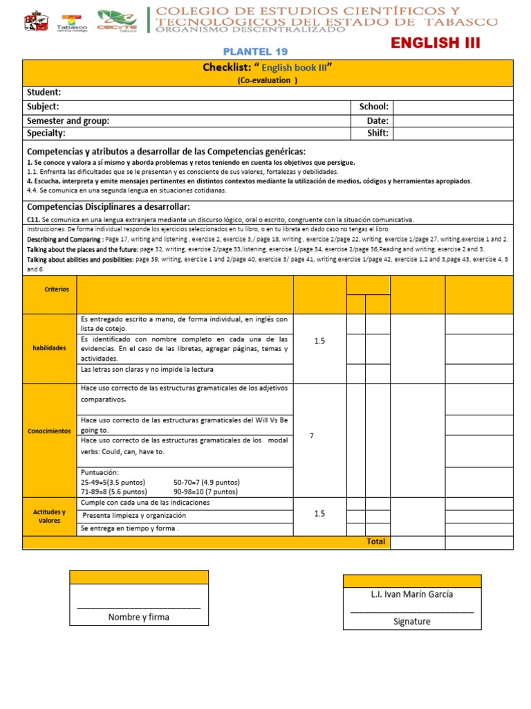 Checklist para Evaluación de Inglés III | PDF | Comunicación humana ...